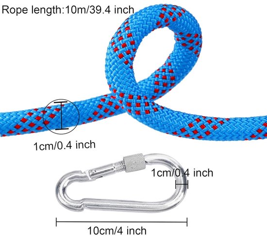 Klimtouw - 10 m dubbele haak - met statische veiligheidskarabijnhaak ...