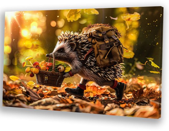 Egel met herfstmand en rugzak - Egel canvas schilderij - Muurkunst ...