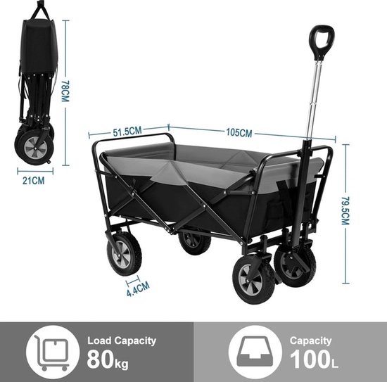 Trendy Handkar – Opvouwbare Trolley – 100L / 80 kg – 4 Terreinbanden ...