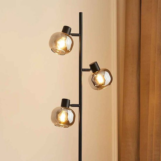 LumenXL - Zwarte staande lamp Jesse - Smoke grijs glas - 3-lichts | bol