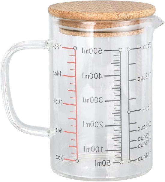 Hittebestendige glazen maatbeker met schaal en houten deksel (500 ml) voor thuis, café... | bol