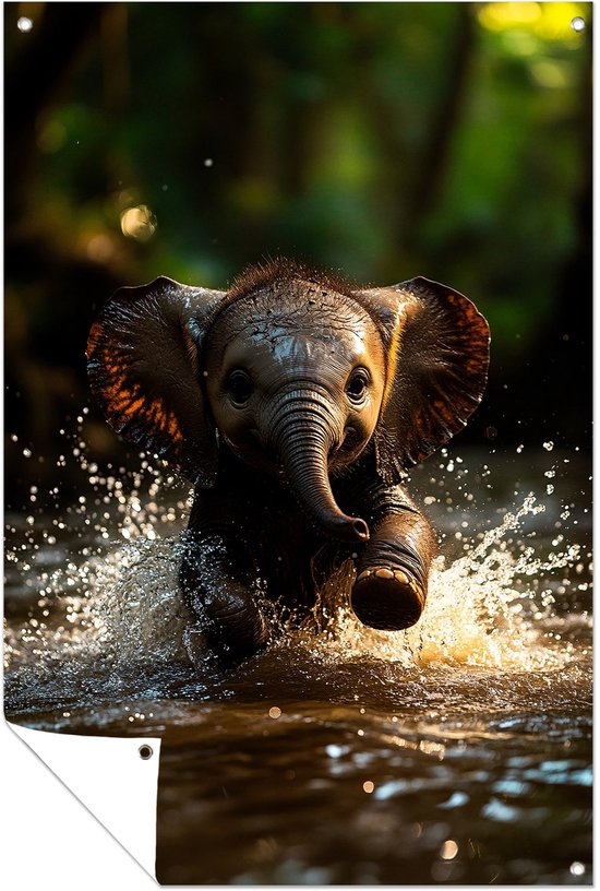Speels olifantje in het water - Olifant poster - Tuinschilderij ...