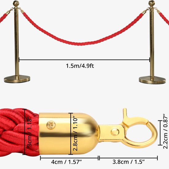 Belle Vous 2 Pack of Red Twisted Queue Barrier Rope - L1.5m/4.9ft ...