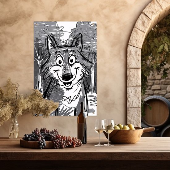 Speelse wolf lijntekening zwart-wit - Wolf tuinprint ...
