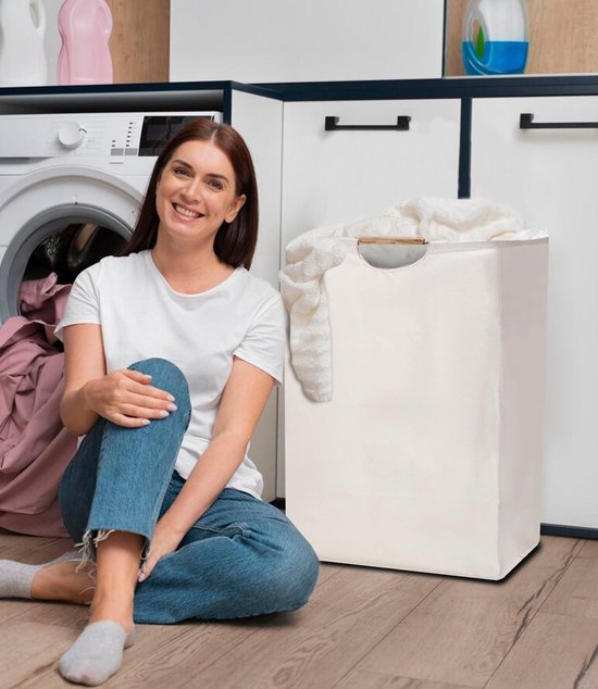 Opvouwbare wasmand met houten handvat - Groot formaat, ruimtebesparend ...