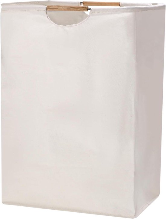 Opvouwbare wasmand met houten handvat - Groot formaat, ruimtebesparend - Beige | bol