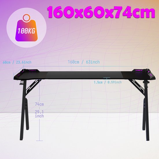 160 x 60 cm gaming tafel gaming bureau met instelbare RGB LED ...