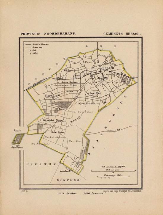 Historische kaart, plattegrond van gemeente Heesch in Noord Brabant uit ...