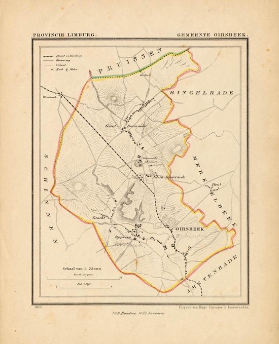 Historische kaart, plattegrond van gemeente Oirsbeek in Limburg uit ...