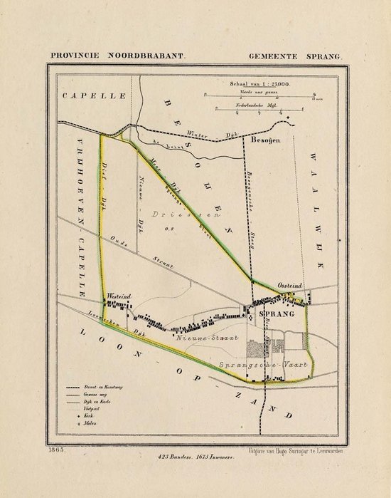 Historische kaart, plattegrond van gemeente Sprang in Noord Brabant uit ...