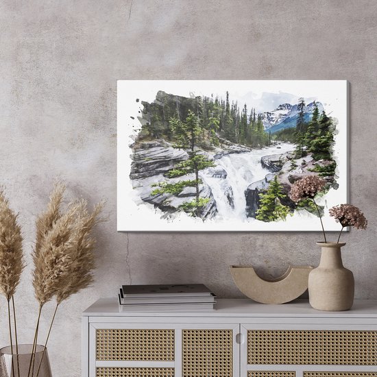 Schilderijkoning - Canvas Schilderij Waterval In De Bergen Aquarel - 120 x 80 cm | bol.com