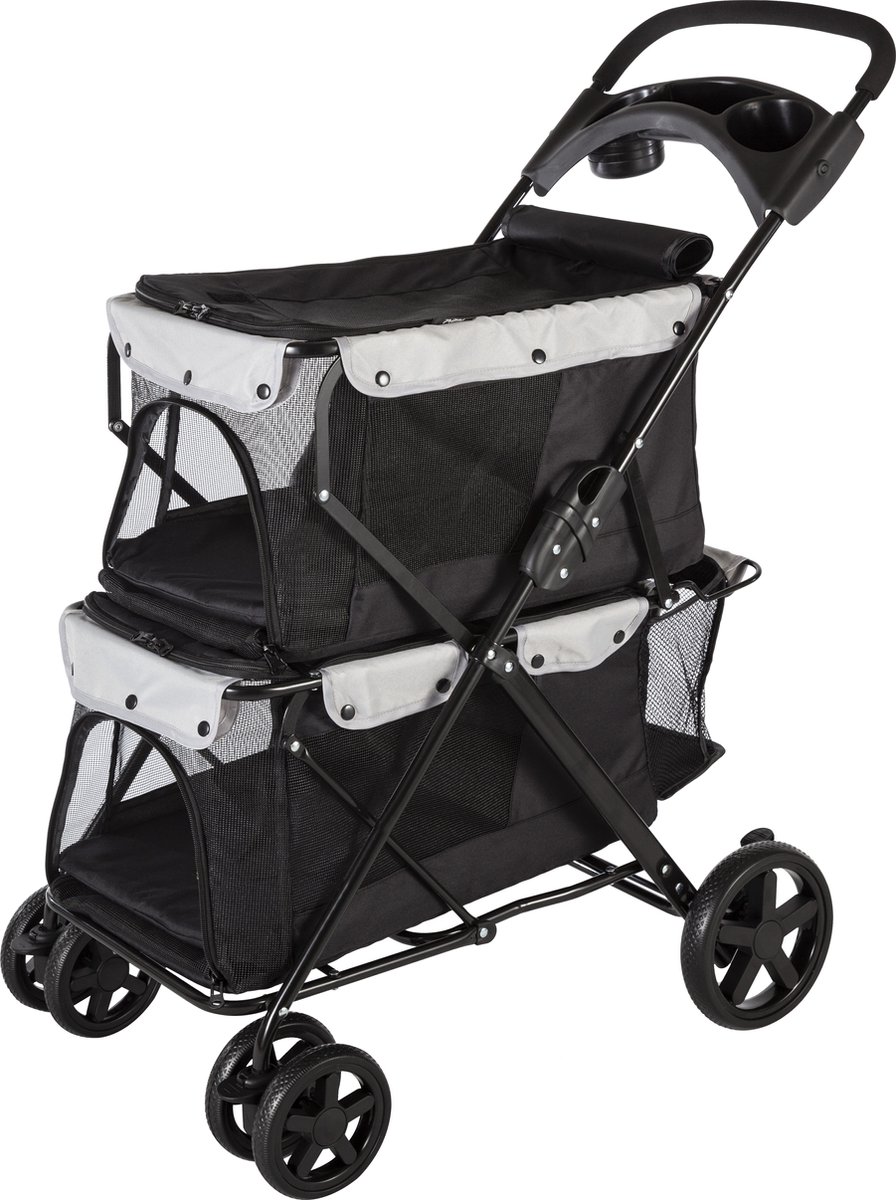 HiPet Inklapbare Dubbele Hondenbuggy Duo (tot 20kg per zitting) - Zwart & Grijs | bol.com