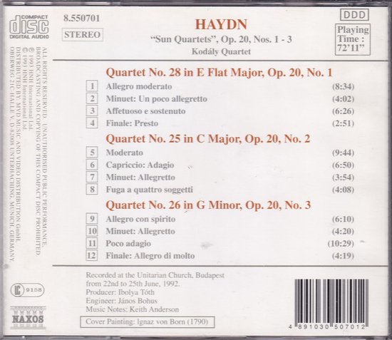 String quartets Opus 20 sun Nos. 1-3 - Joseph Haydn - Kodály Quartett ...