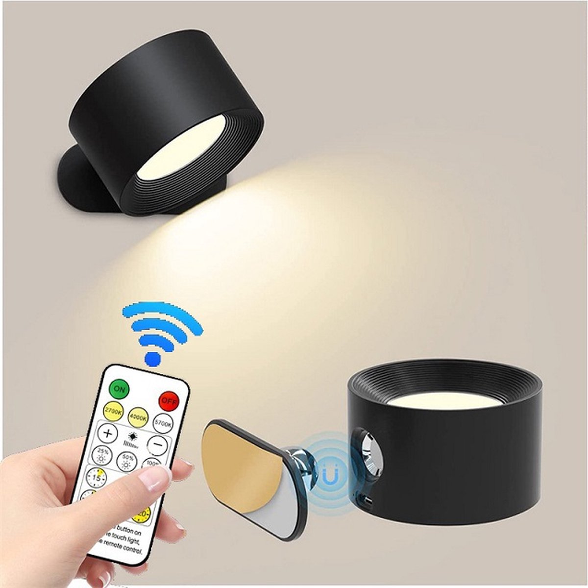 Zwarte LED Wandlamp voor Binnen - Afstandsbediening - USB Oplaadbaar ...