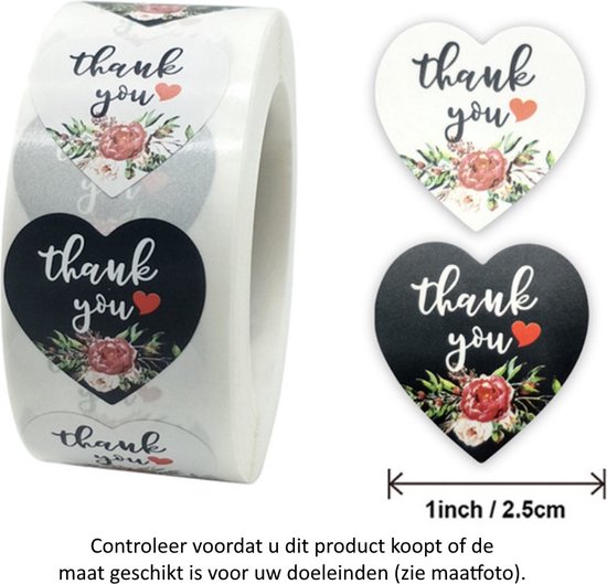 Rol met 500 kleurrijke Hartvormige Thank You stickers - 2.5 cm diameter ...