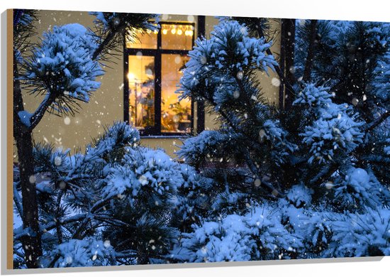 Hout - Raam - Huis - Boompjes - Sneeuw - 120x80 cm - 9 mm dik - Foto op ...