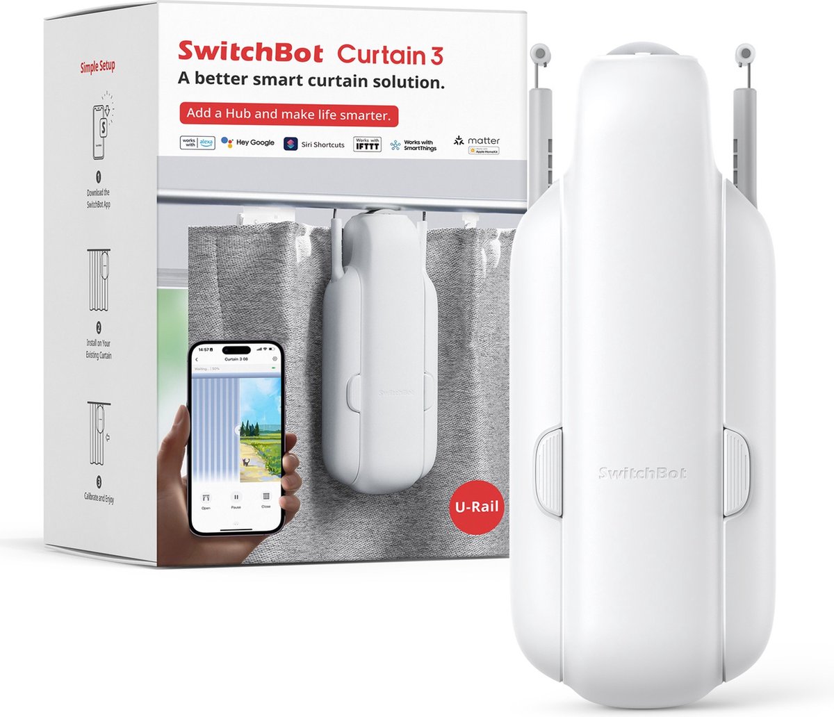 SwitchBot Curtain - U-Rail Versie 3 (2023) - Wit - Smart home gordijnmotor - Smart... | bol