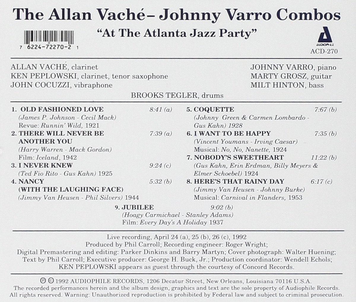 Allan Vaché & Johnny Varro Combos - At The Atlanta Jazz Party (CD ...