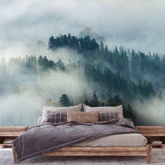 Fotobehang - Bomen - Mist - Bos - Landschap - Natuur - (312 x 219 cm) | bol