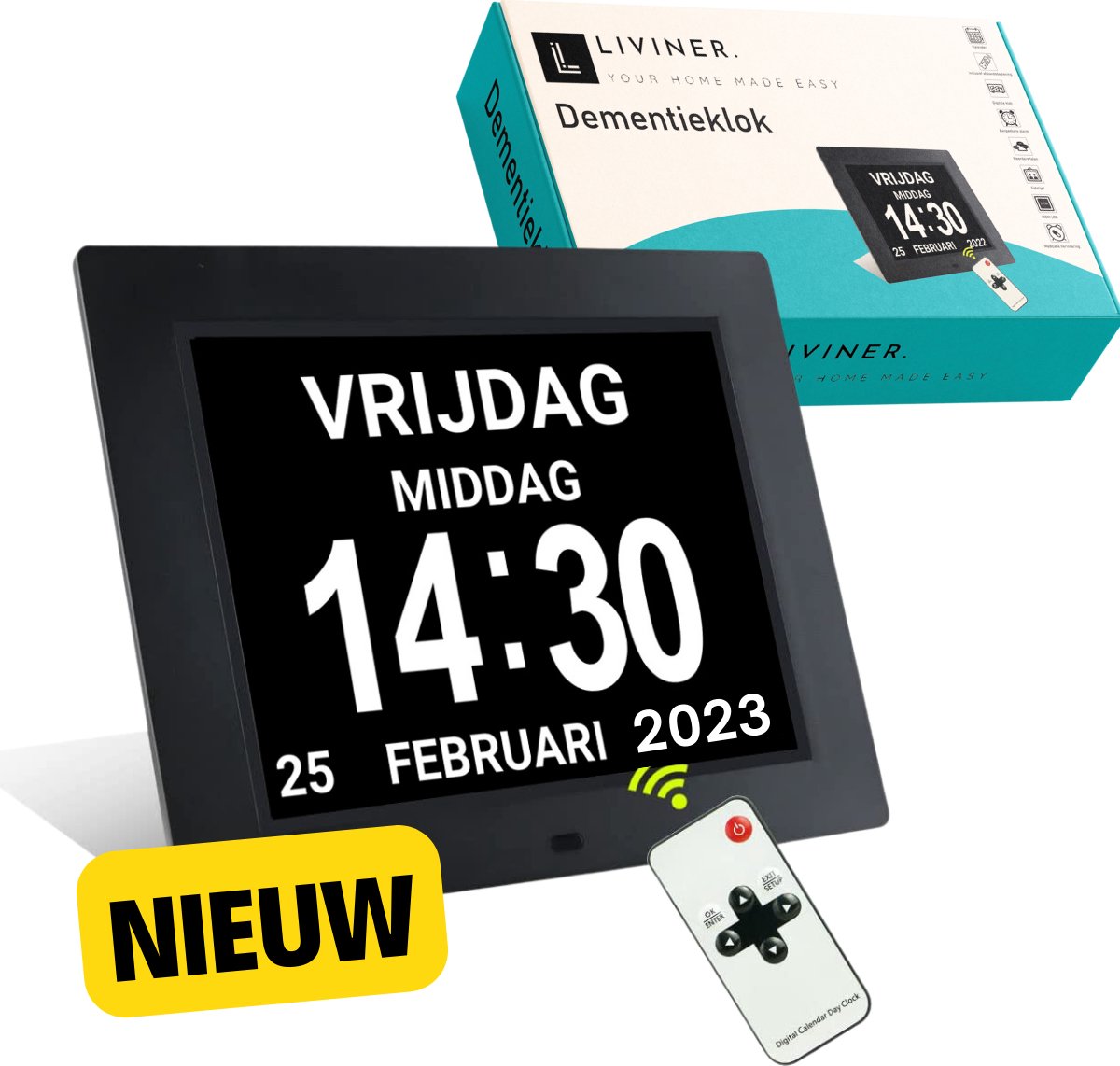 Dementieklok - 8 inch display - Zwart - Met afstandsbediening ...