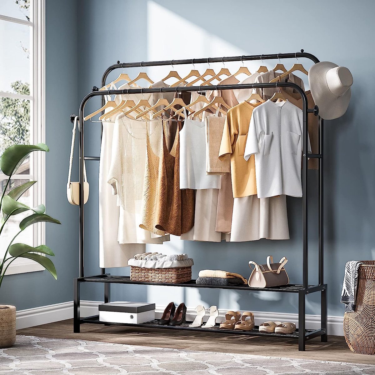 Metalen kledingrek, vrijstaande dubbele stangen kleerhanger ...