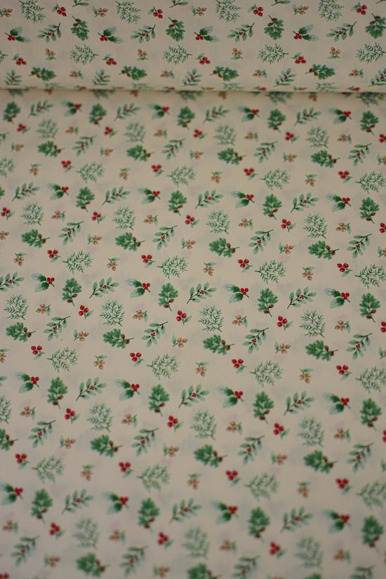 Katoen ecru met kleine groene blaadjes en rode besjes 1 meter ...