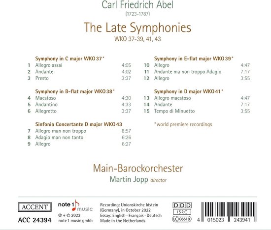 Main-Barockorchester, Martin Jopp - Abel: The Late Symphonies Wko 37-39 ...
