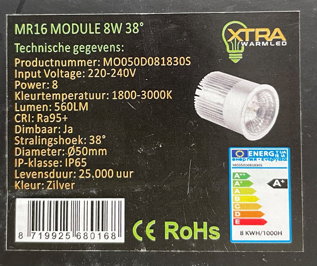 Xtra Warm Led- Module-50mm-MR16-8W-dimbaar-1800-3000K | bol.com