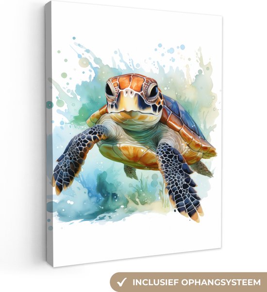 Canvas Schilderij Schildpad - Blauw - Wit - Natuur - Dieren - 30x40 cm - Wanddecoratie | bol
