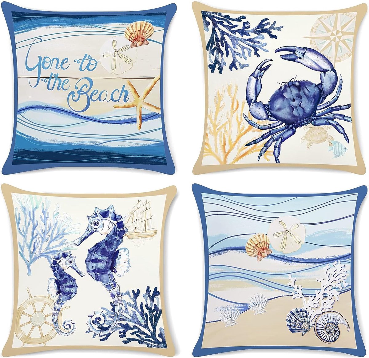 Set van 4 kussens, strand, 45 x 45 cm, zee, krab, zee, oceaan, fluweel ...