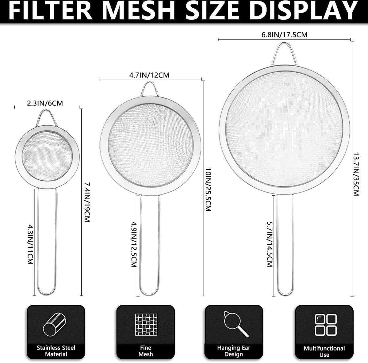 Keukenzeefset, 3 stuks, 7/12/18 cm, hoogwaardige roestvrijstalen zeef ...