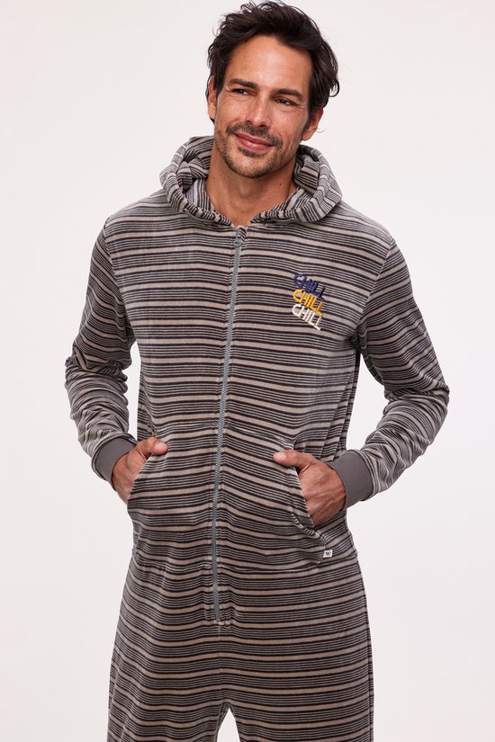 Woody Studio onesie heren - Velours katoen met rits en kap - grijs ...