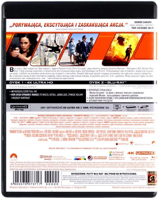 Mission: Impossible - Ghost Protocol [Blu-Ray 4K]+[Blu-Ray], Jeremy ...