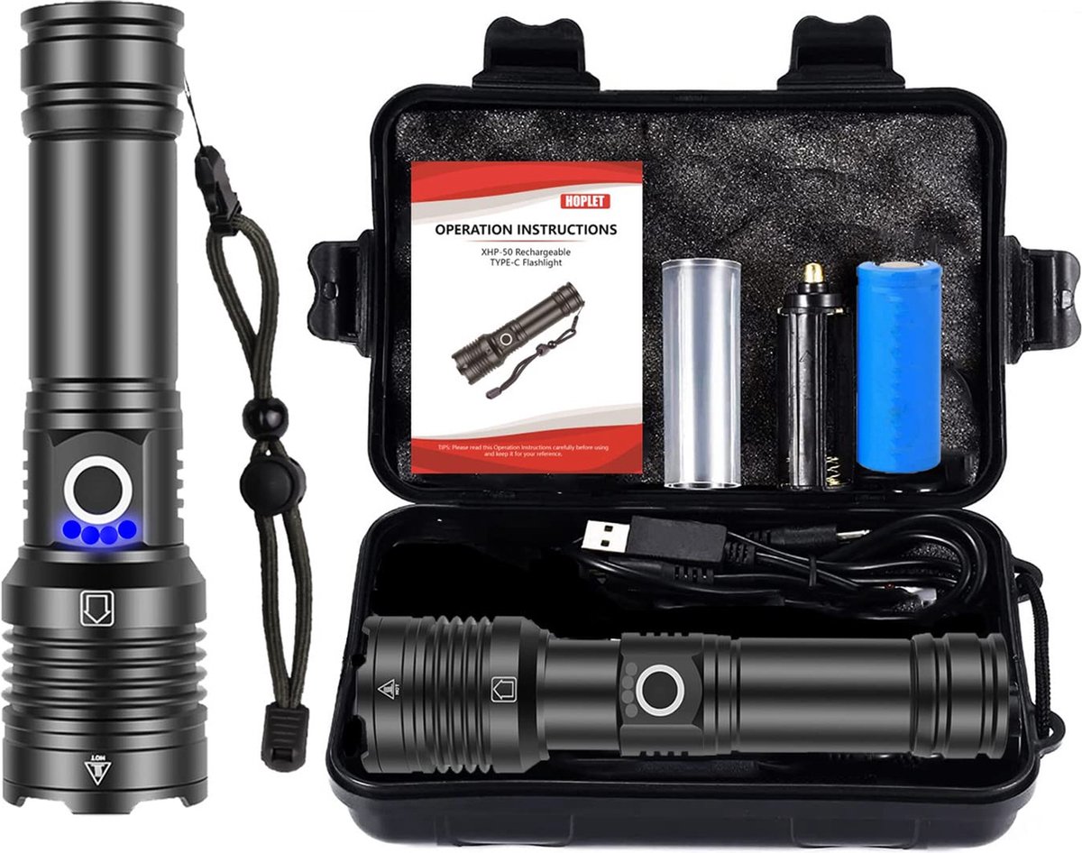 Zaklamp LED oplaadbaar - Militaire zaklamp incl. opbergdoos & Usb oplaadbaar -... | bol