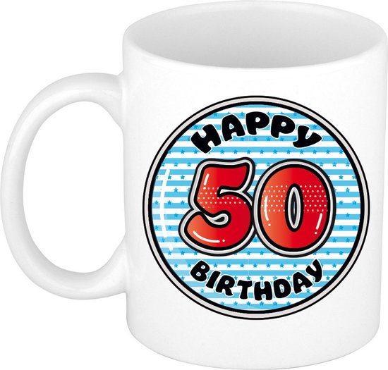 Bellatio Decorations Verjaardag cadeau mok - 50 jaar - blauw - gestreept - 300 ml -... | bol