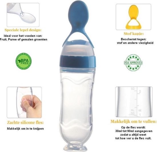 baby knijpfles - baby knijpfles met lepel - 90ml - blauw - feeding ...