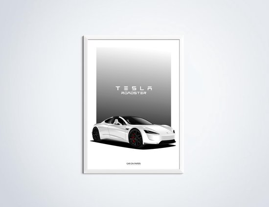 Tesla Roadster Wit op Poster - 50 x 70cm - Auto Poster Kinderkamer ...