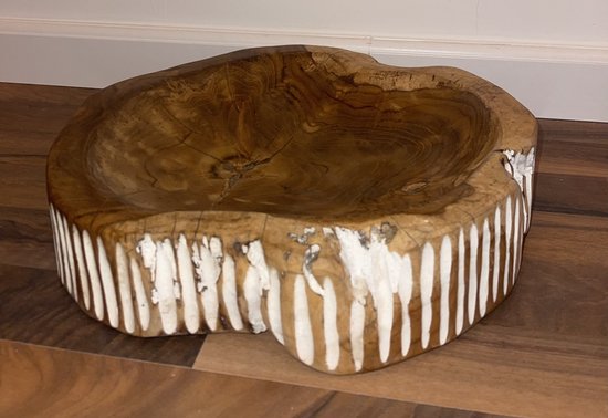 Platte schaal - rond - hout - met witte strepen | bol