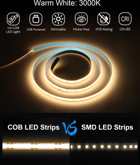 LED strip 3000 K warmwit COB USB dimbaar 320 leds/m 5 V voor... | bol