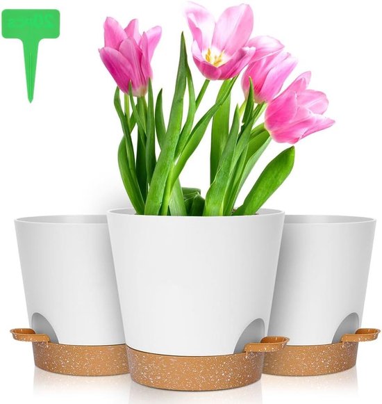3 Pieces Self-Watering Flower Pot Set - Plastic Plant Pots with Coaster ...