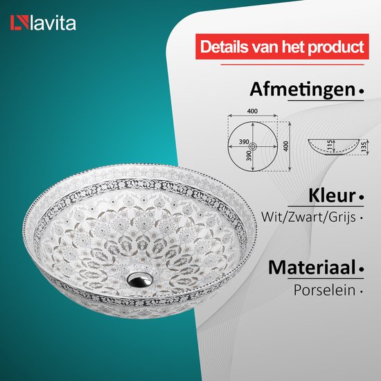 LAVITA® Lavabo à poser ROSA Lavabo rond en céramique pour salle de bain ...