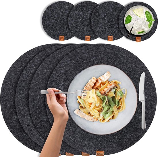 Design Scandi-stijl Vilt & Leer Placemats - stijlvol - 4 stuks - rond ...