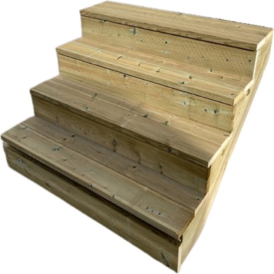 Buitentrap H71cm - 4 treden hout D29cm, B140cm MET optrede | bol