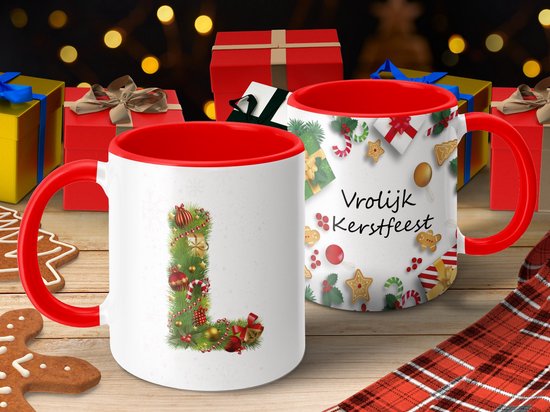 Kerstmis mok met rode binnenkant Kerst decoratieve mok letter L Vrolijk ...