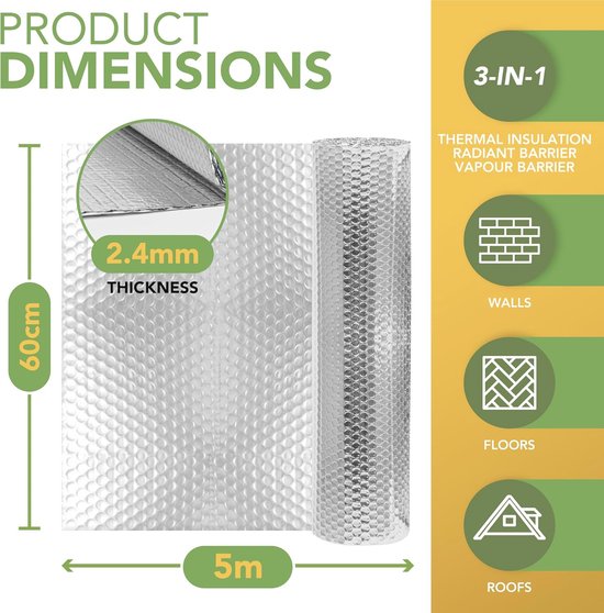 Folie-isolatierol 5 m x 60 cm - 3-in-1 reflecterende isolatie voor ...