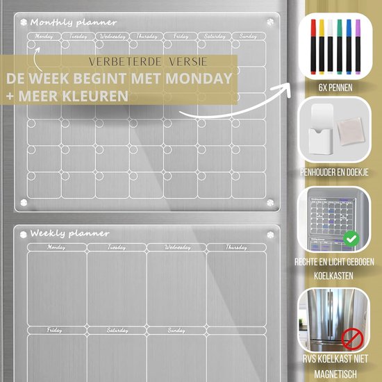 Acryl Maand- en Weekplanner - Magnetische Whiteboard Kalender voor ...