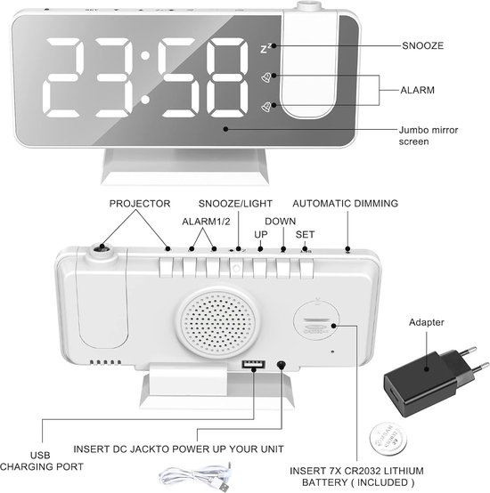 Digitale Projectieklok met Dubbel Alarm en USB-Oplaadpoort voor ...