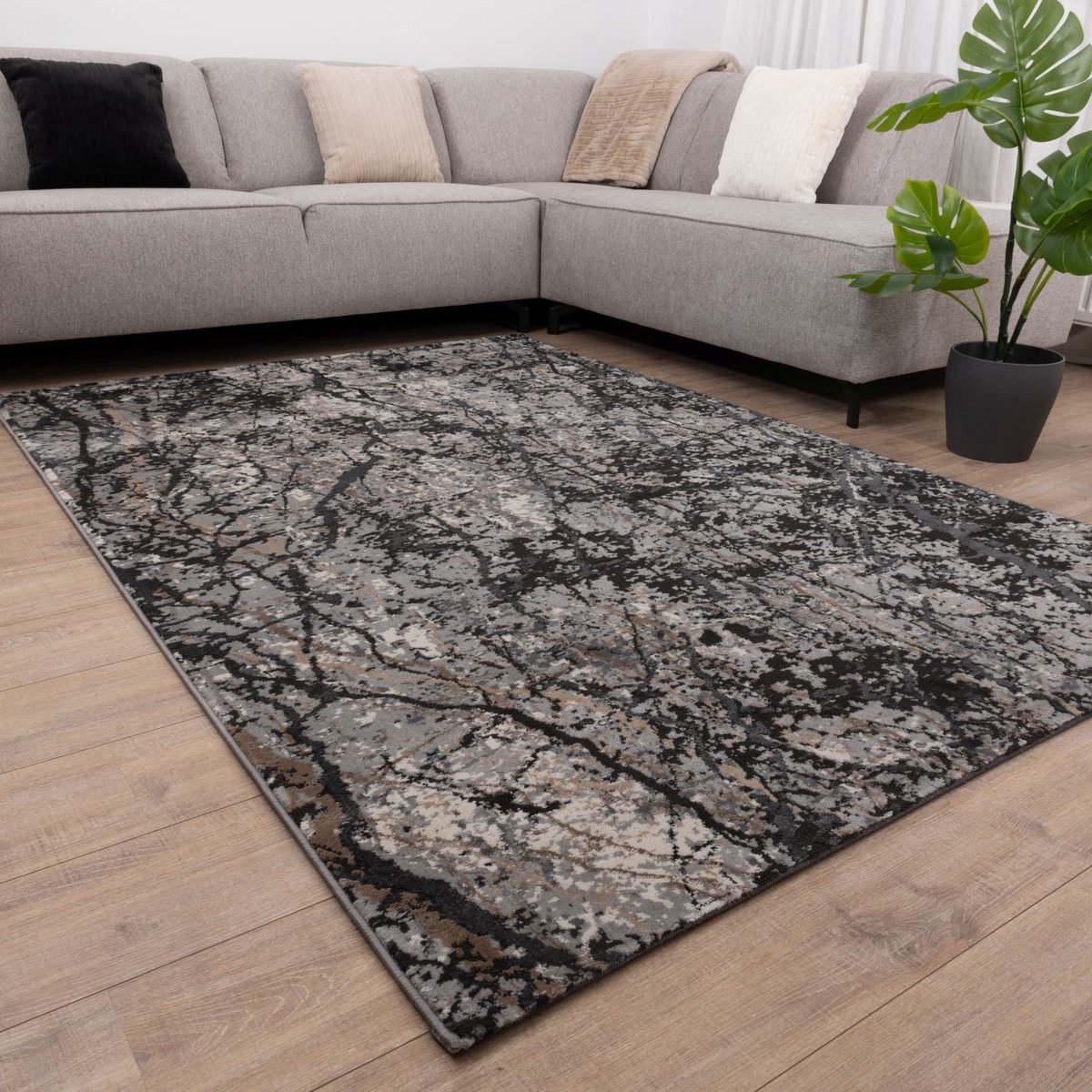 Zwart met Beige Tapijt Marmer Design Laagpolig Vloerkleed Koho ...