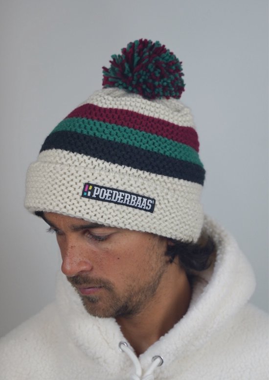 Kleurrijke Poederbaas muts met pompon - beige, zwart, groen | bol