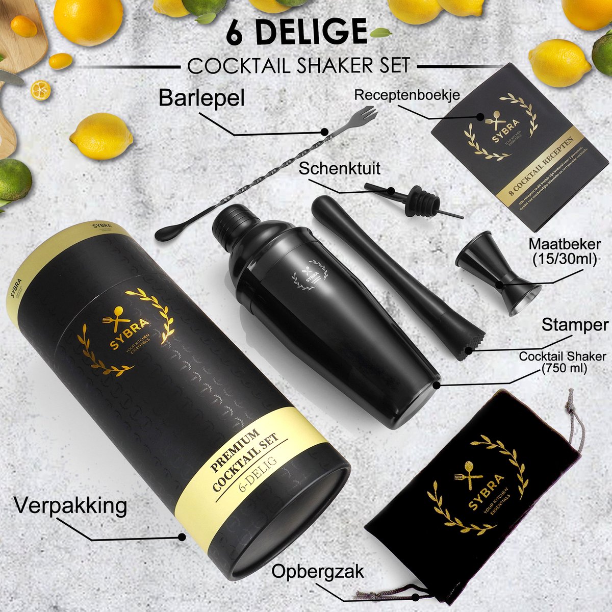 Set cocktail Sybra - Set Cocktail Noir 6 pièces - Shaker 750ML ...